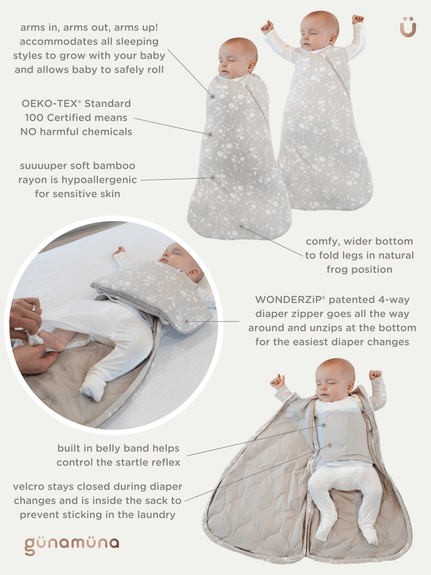 günamüna Swaddle Sleep Sack Duvet Bamboo Mini Floral 1 TOG (Min. of 2 ...